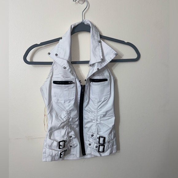 Tops | White Collared Zip Up Vest With A Cinched Waist Belts ...
